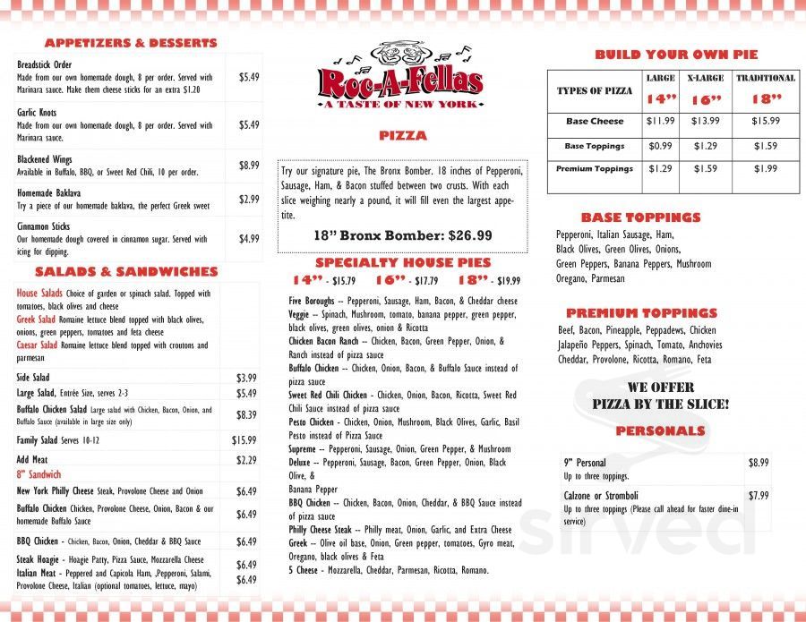 Menu for Rocafella's Pizza A Taste of New York in Sharonville, OH | Sirved