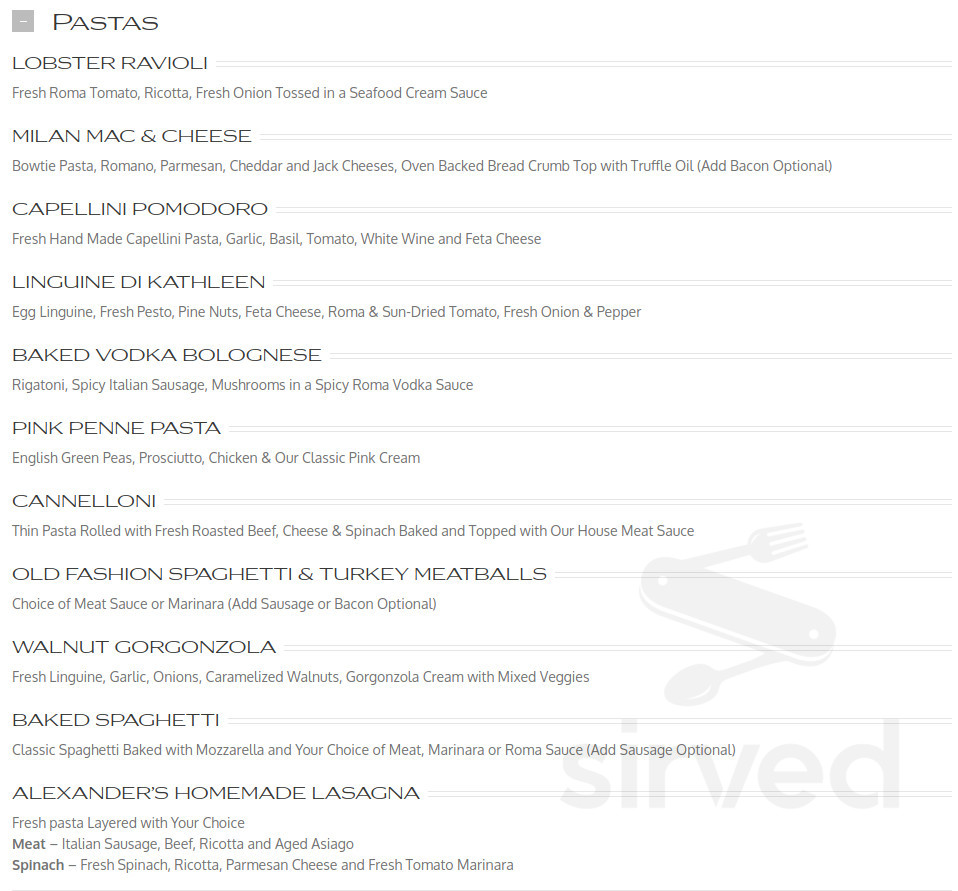 Alexanders on 30th menu in San Diego, California, USA