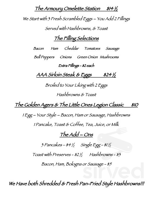 Menu - Fort McMurray AB's Armoury Grill at the Legion | Sirved