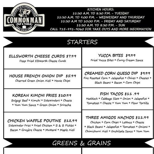 Common Man Tap & Table menu in Ellsworth, Wisconsin, USA