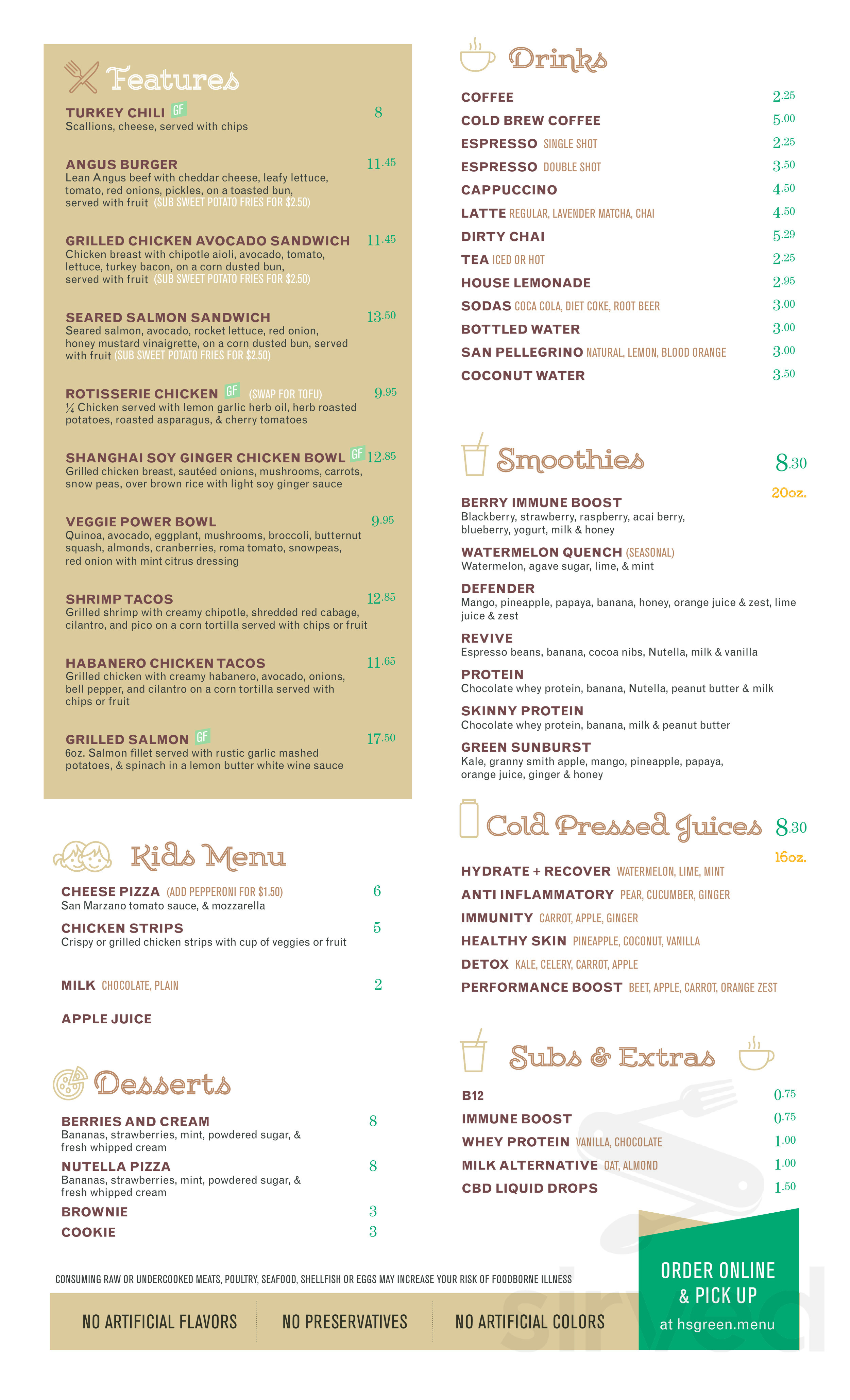 Menu - Houston TX's HS Green | Sirved