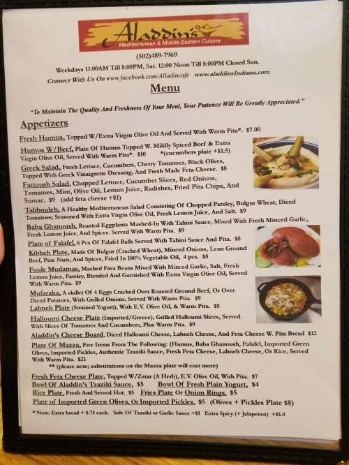 Aladdin's Mediterranean & Middle Eastern Cuisine menu in New Albany ...