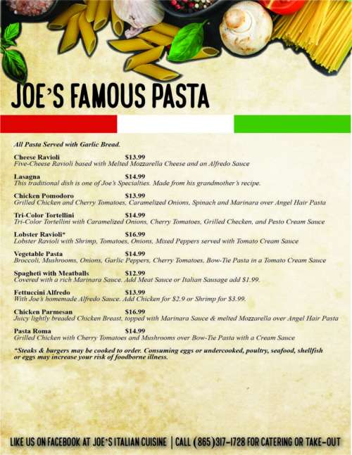 Joe's Italian Cuisine menu in Lenoir City, Tennessee, USA
