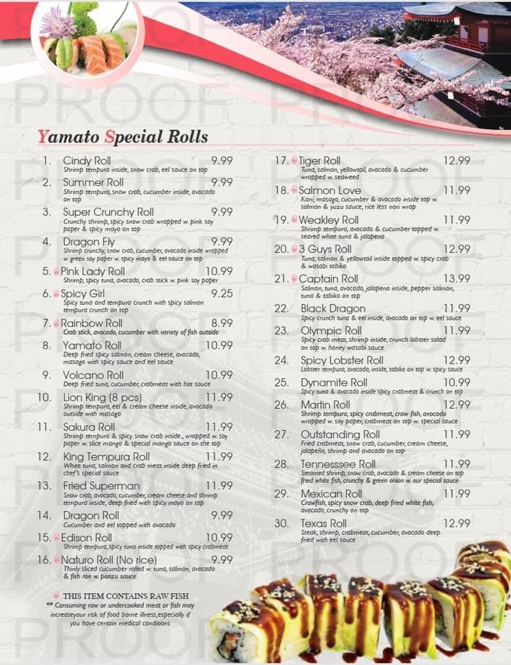 Yamato Japanese steakhouse menu in Martin, Tennessee, USA