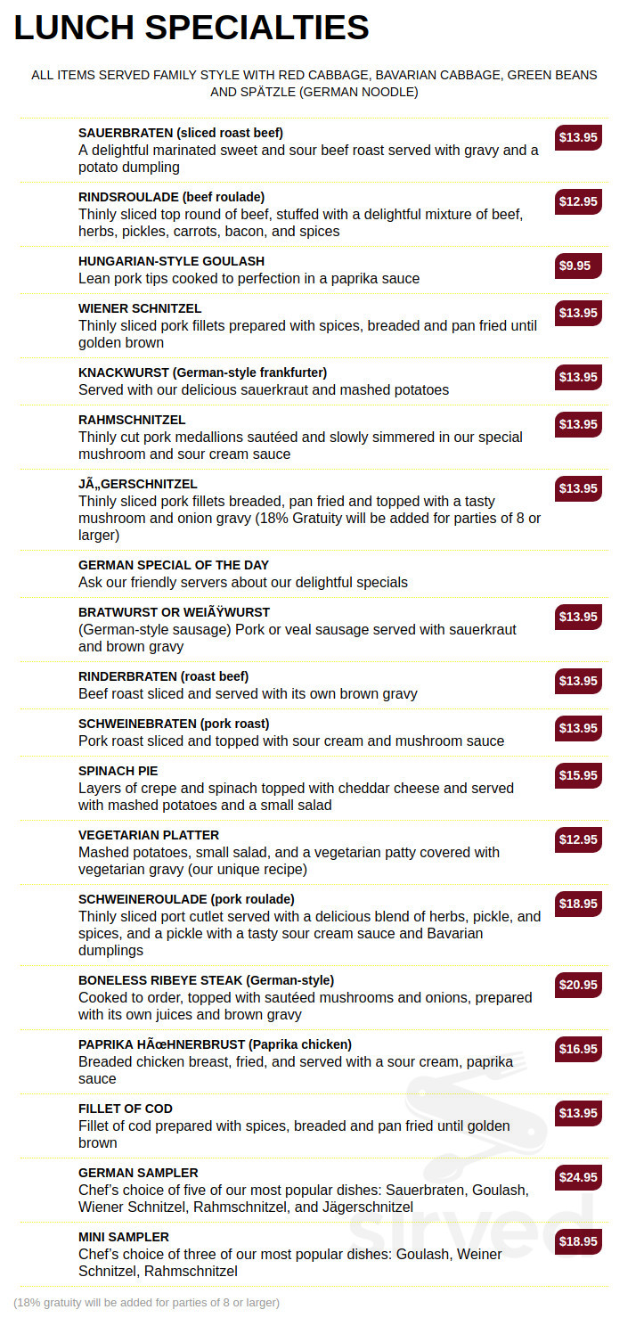 Edelweiss German Restaurant menu in Staunton, Virginia, USA