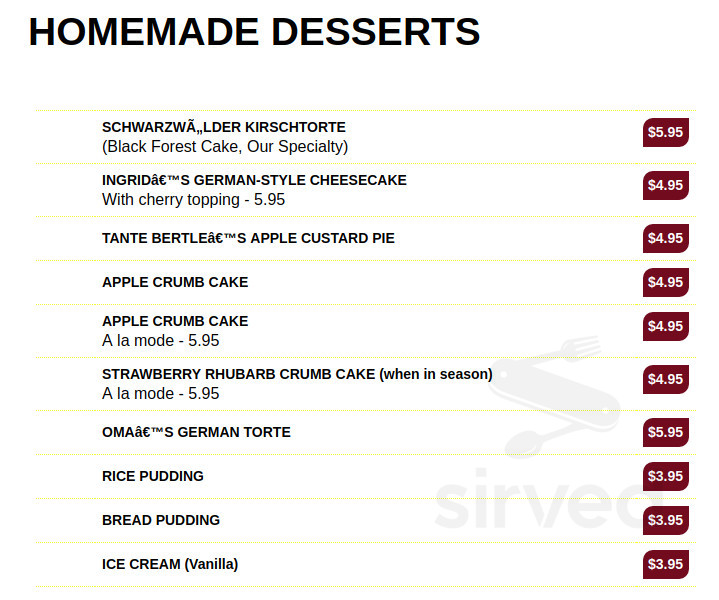 Edelweiss German Restaurant menu in Staunton, Virginia, USA