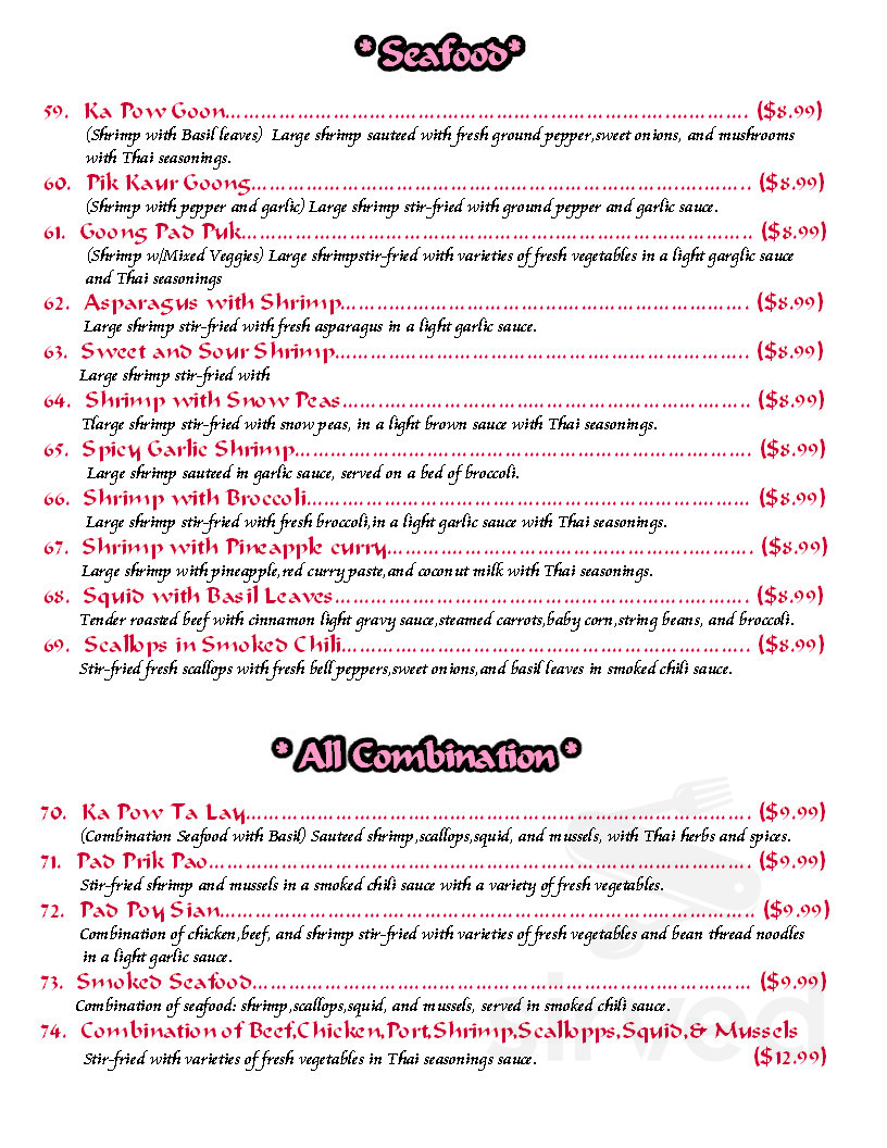 Pakha's Thai House menu in Dillsburg, Pennsylvania, USA