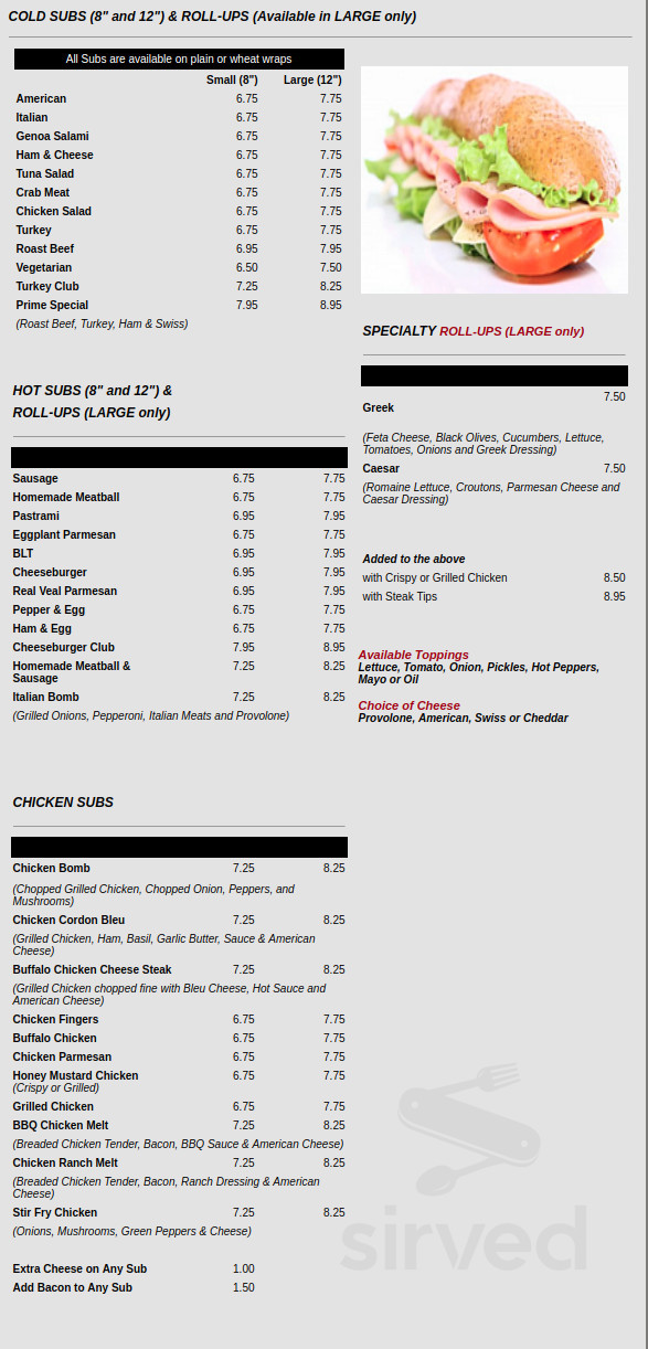 Prime Pizza menu in East Hampstead, New Hampshire, USA
