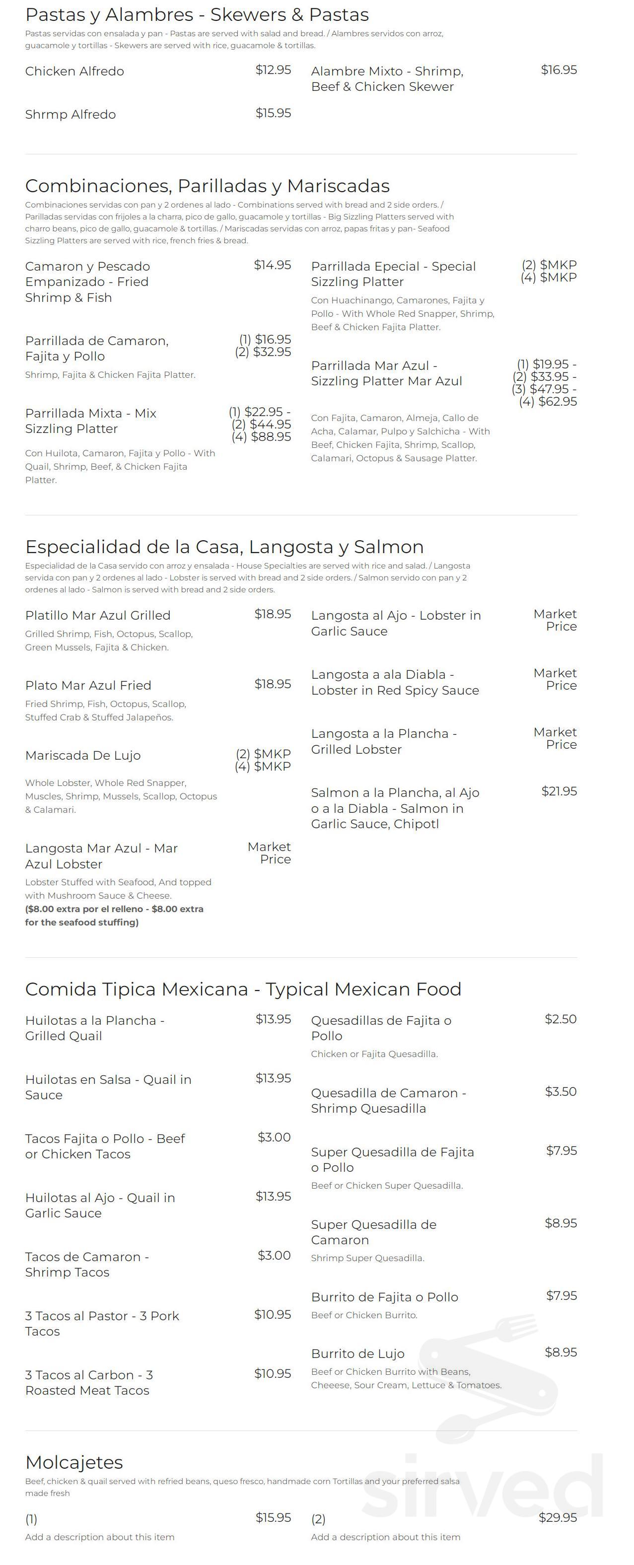 Mariscos Mar Azul menu in Katy, Texas, USA