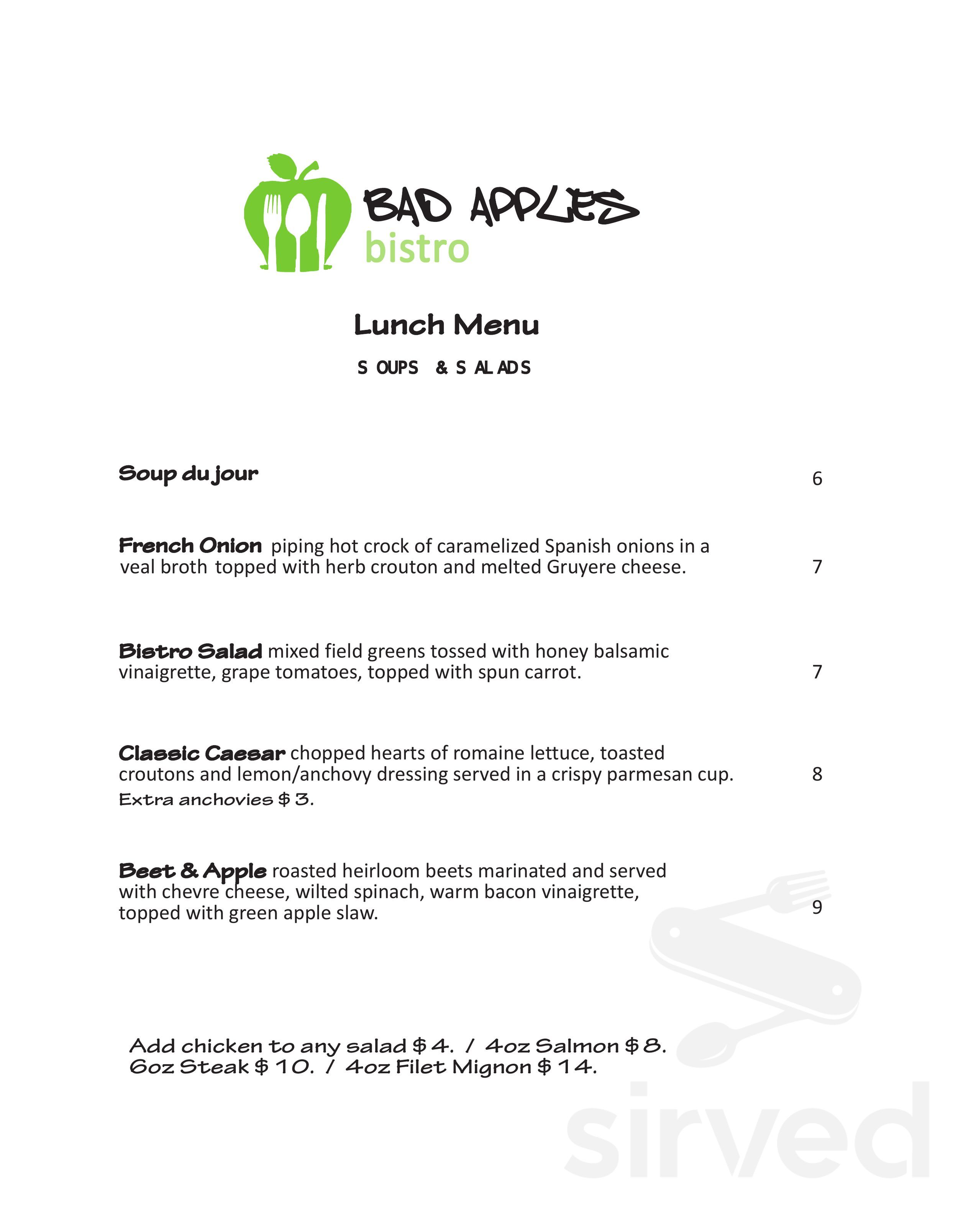 Bad Apples Bistro menu in Spencerport, New York, USA