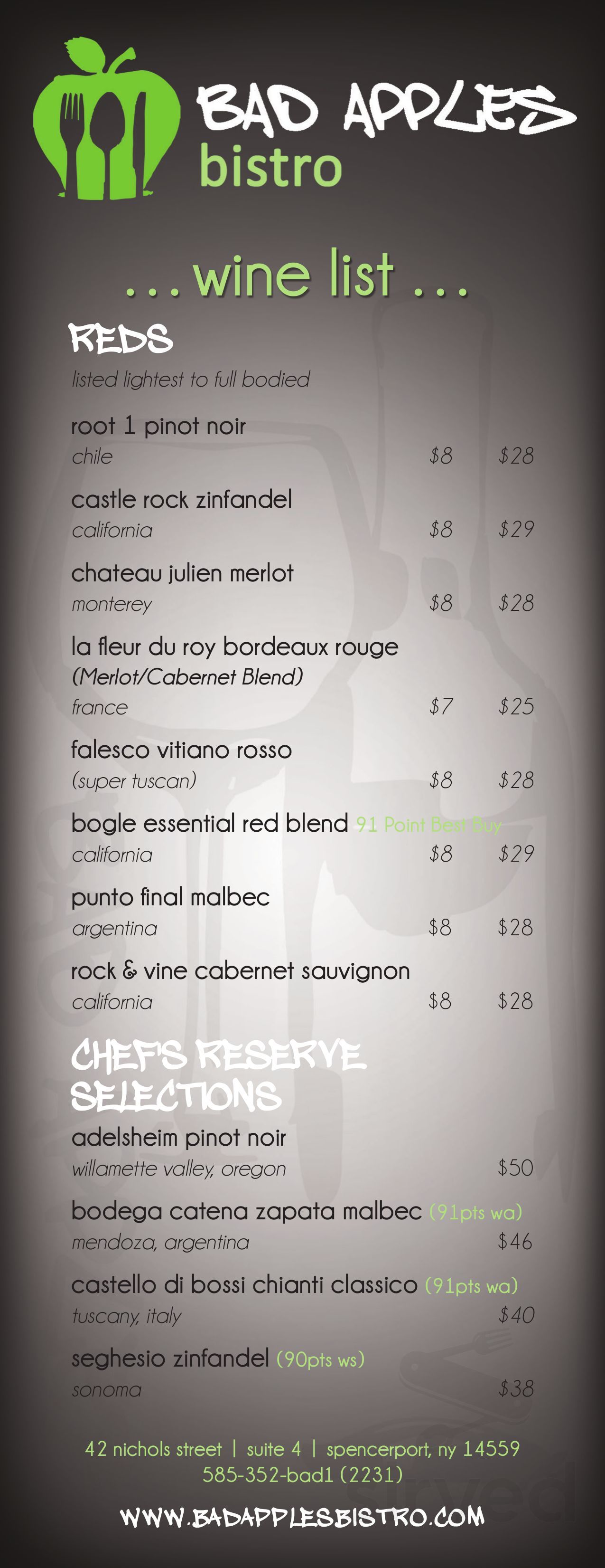Bad Apples Bistro menu in Spencerport, New York, USA