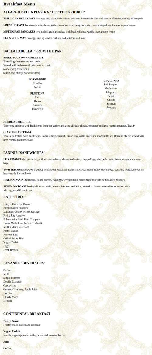 Osteria Avanti menu in Leola, Pennsylvania, USA
