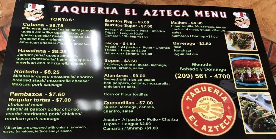 Taqueria el azteca menu in Stockton, California, USA