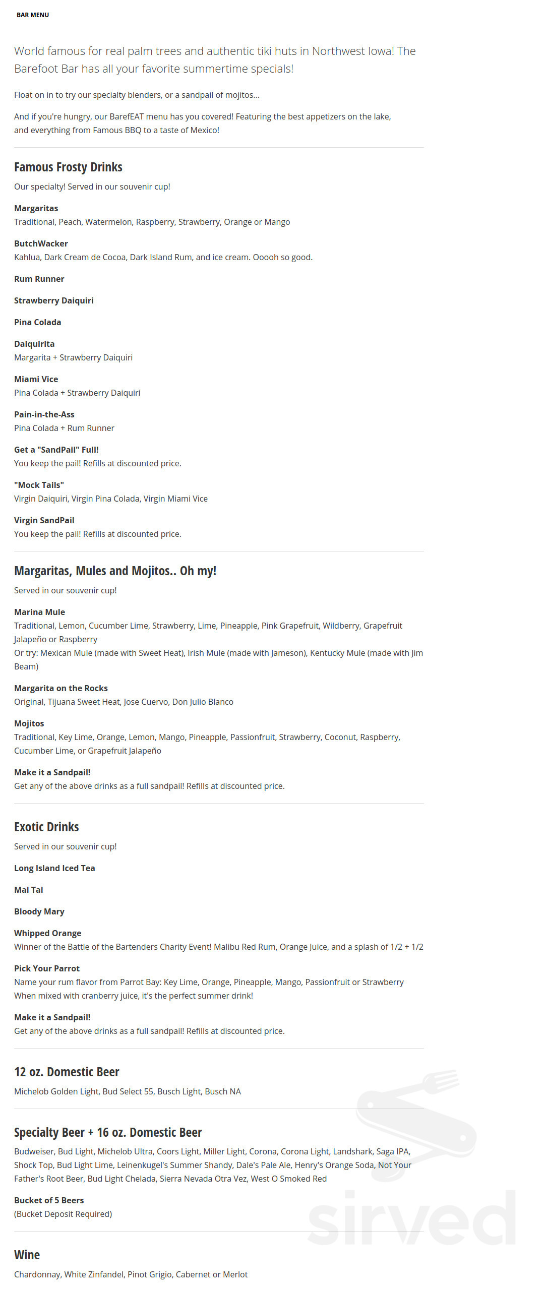 Menu for The Barefoot Bar at Okoboji in Okoboji, IA | Sirved