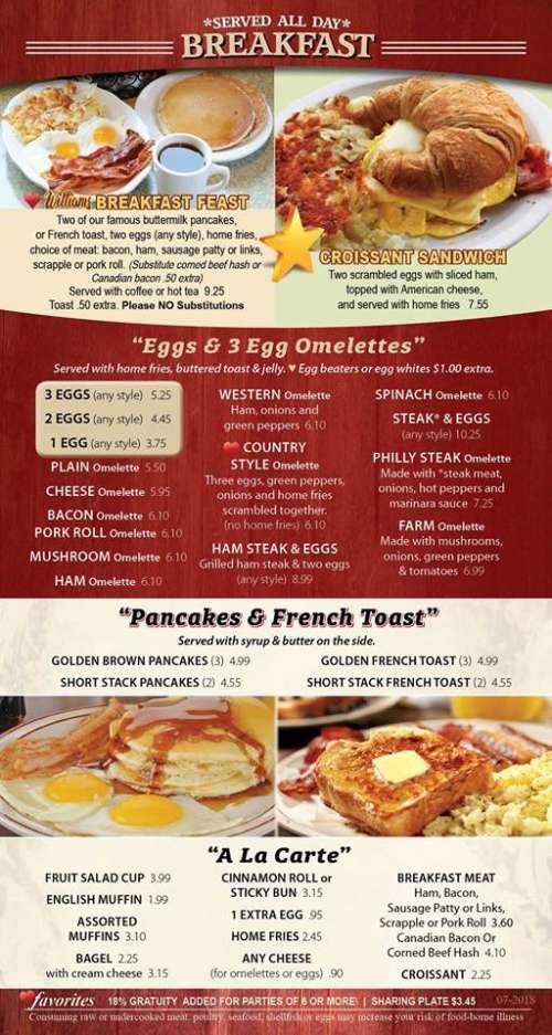 Williams Restaurant menu in Easton, Pennsylvania, USA