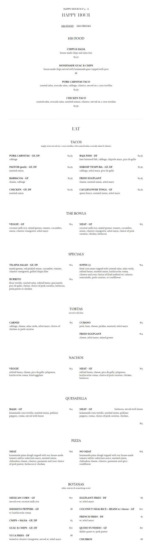 Prieto Taqueria Bar menu in Minneapolis, Minnesota, USA