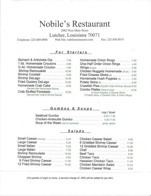 Nobile's Restaurant & Bar menu in Lutcher, Louisiana, USA