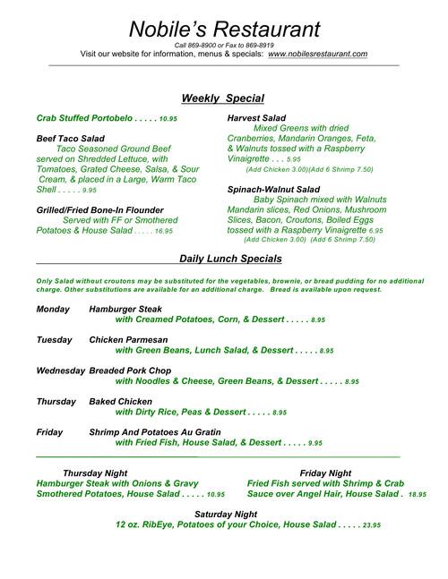Nobile's Restaurant & Bar menu in Lutcher, Louisiana, USA