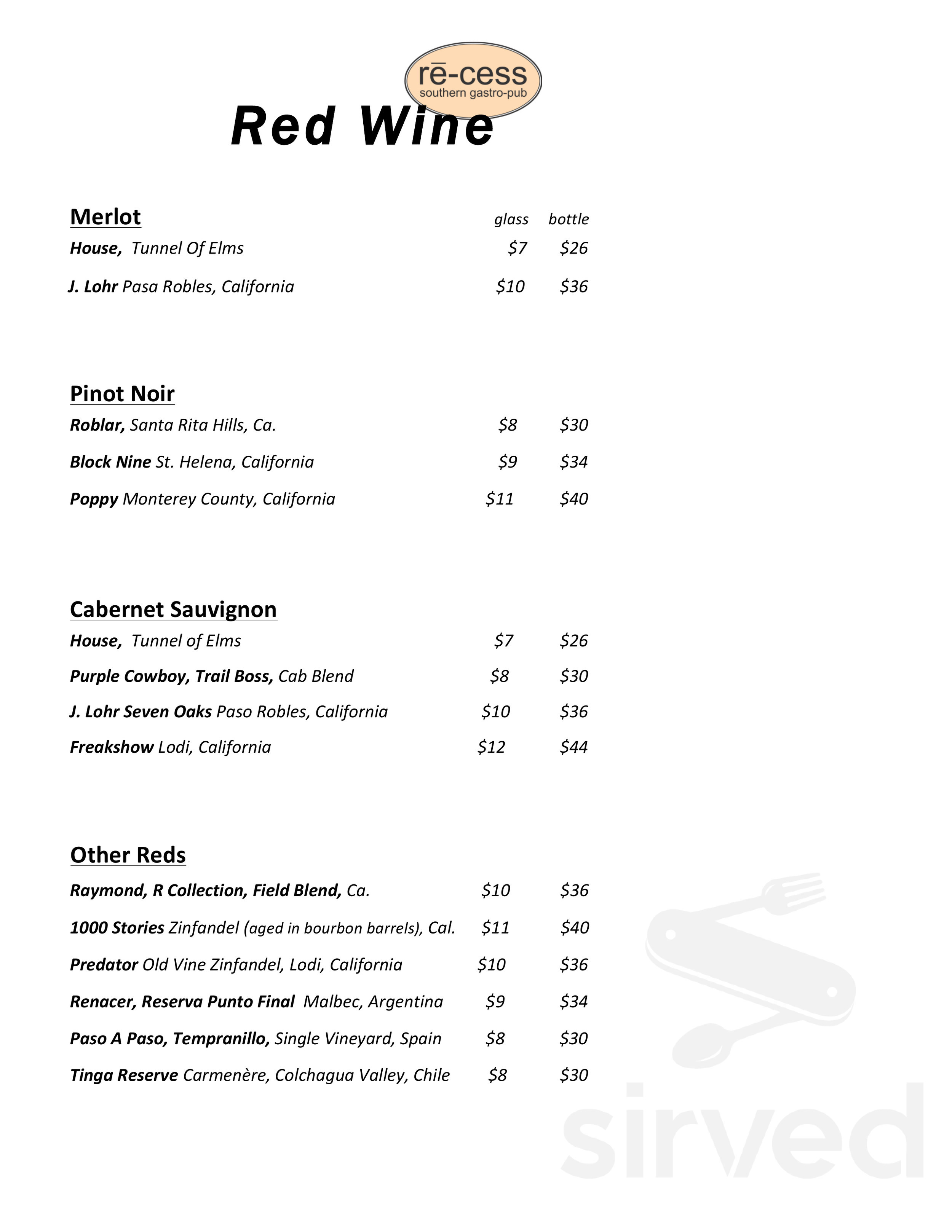 Recess Southern Gastro-pub menu in Gainesville, Georgia, USA