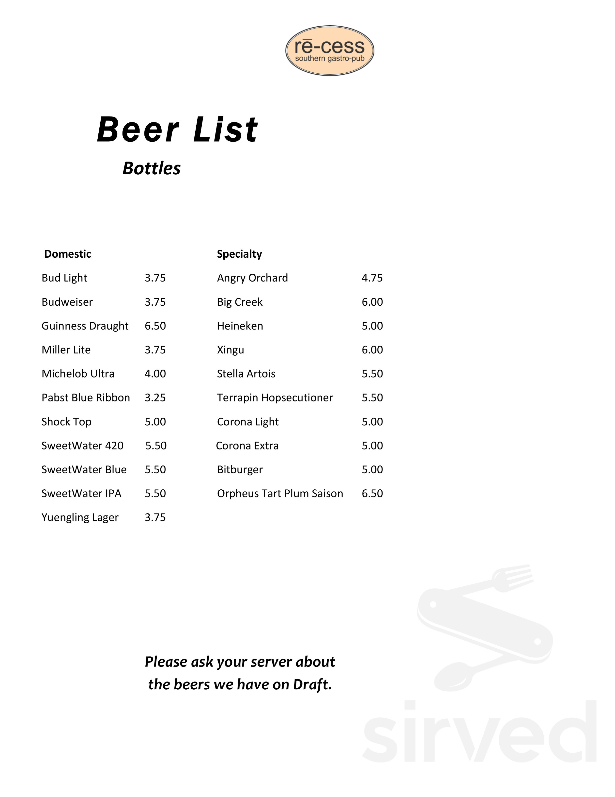 Recess Southern Gastro-pub Menu - Gainesville, Georgia | Sirved