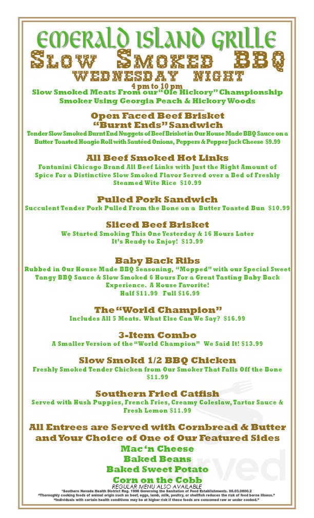 Emerald Island Casino menu in Henderson, Nevada, USA