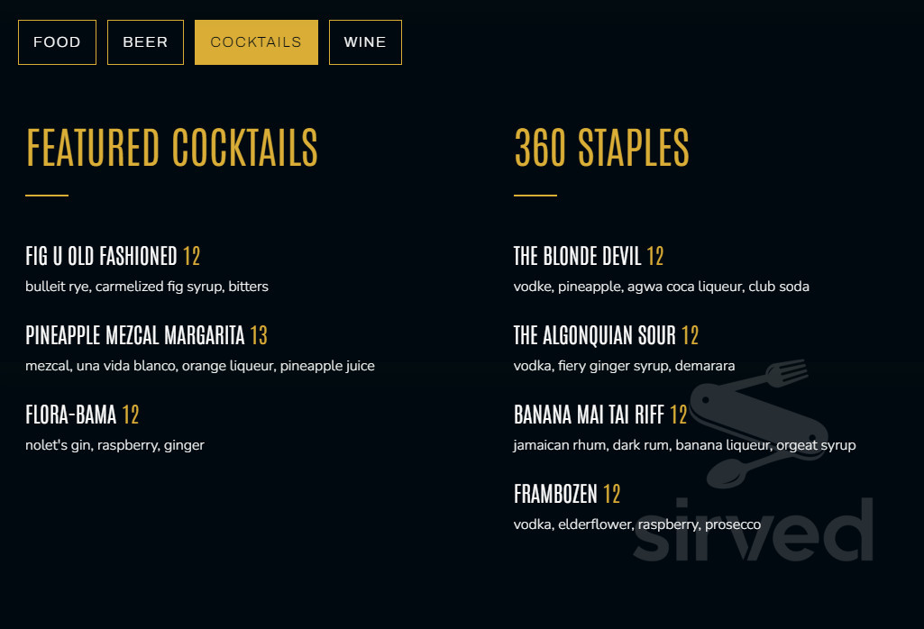 360 Rooftop Bar menu in St. Louis, Missouri, USA