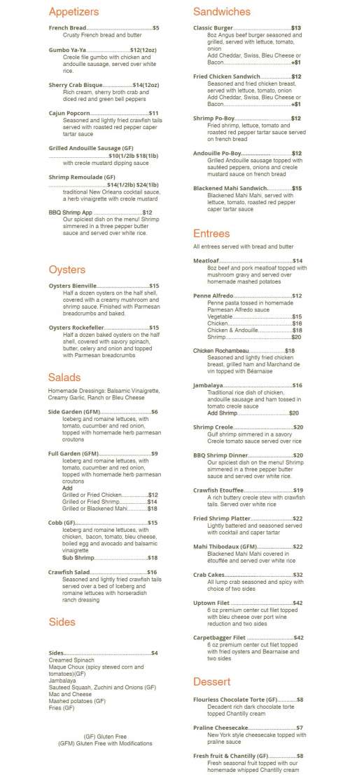 Bleu Canoe menu in Clarkesville, Georgia, USA