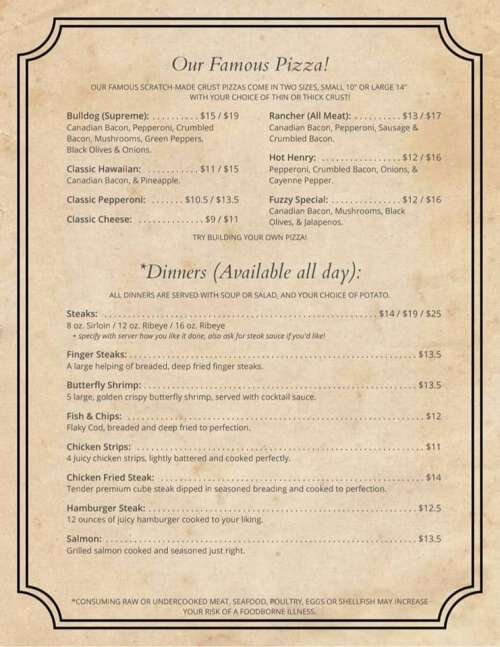 John Henry's Restaurant menu in Choteau, Montana, USA