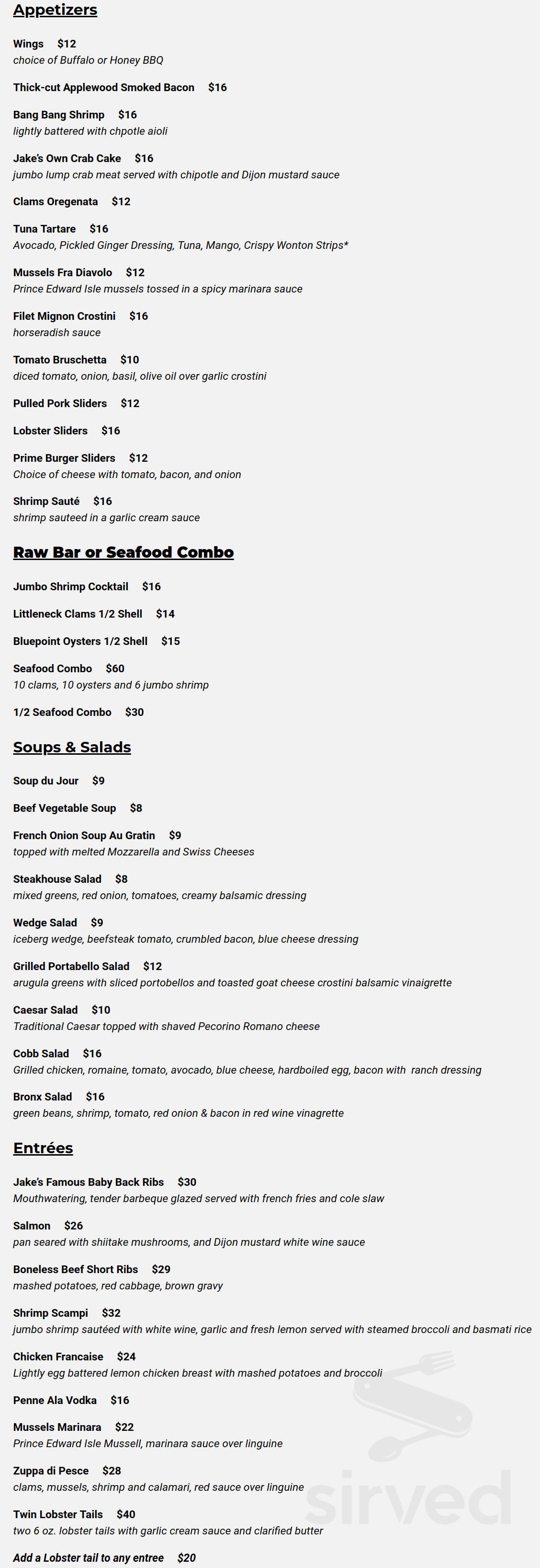 Jake's Steakhouse menu in East Meadow, New York, USA