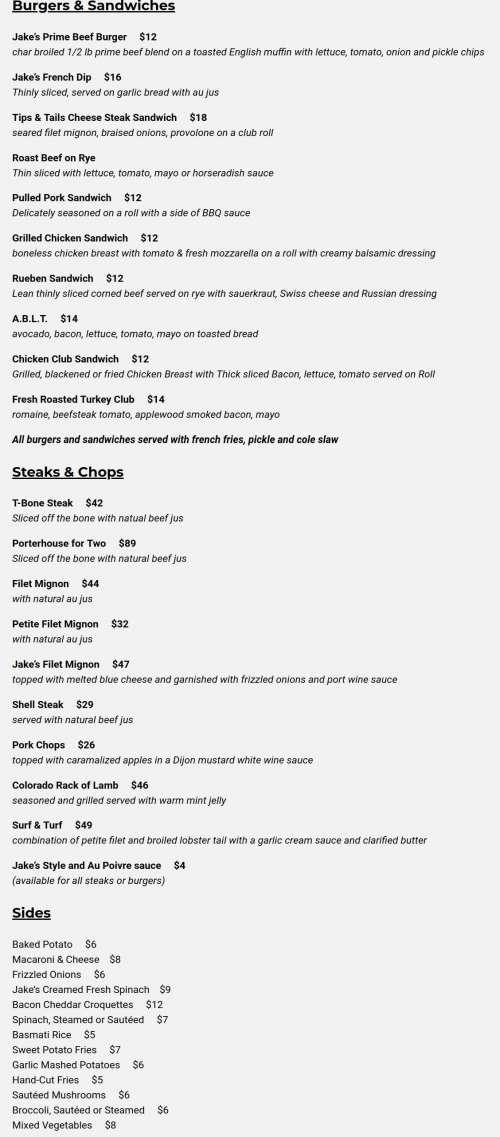 Jake's Steakhouse menu in East Meadow, New York, USA