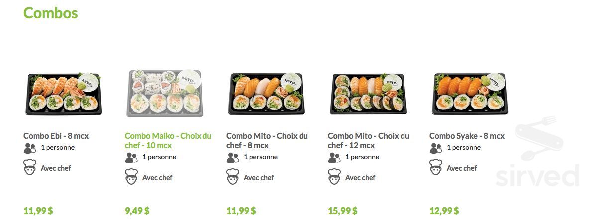 Mito Sushi menus in Chicoutimi, Quebec, Canada