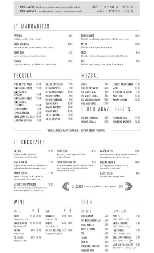La Tertulia menu in Tulsa, Oklahoma, USA