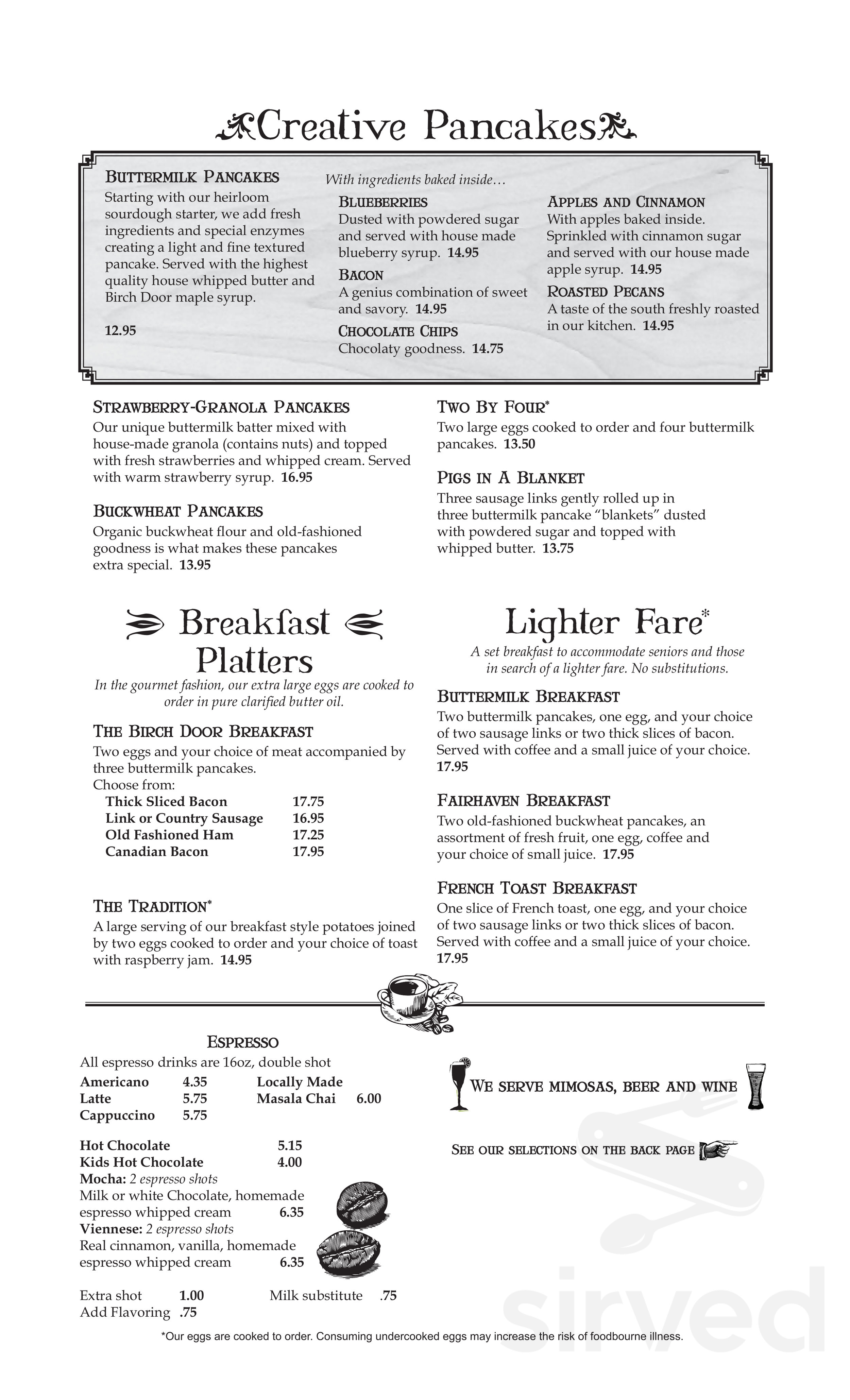 The Birch Door Cafe menu in Bellingham, Washington, USA