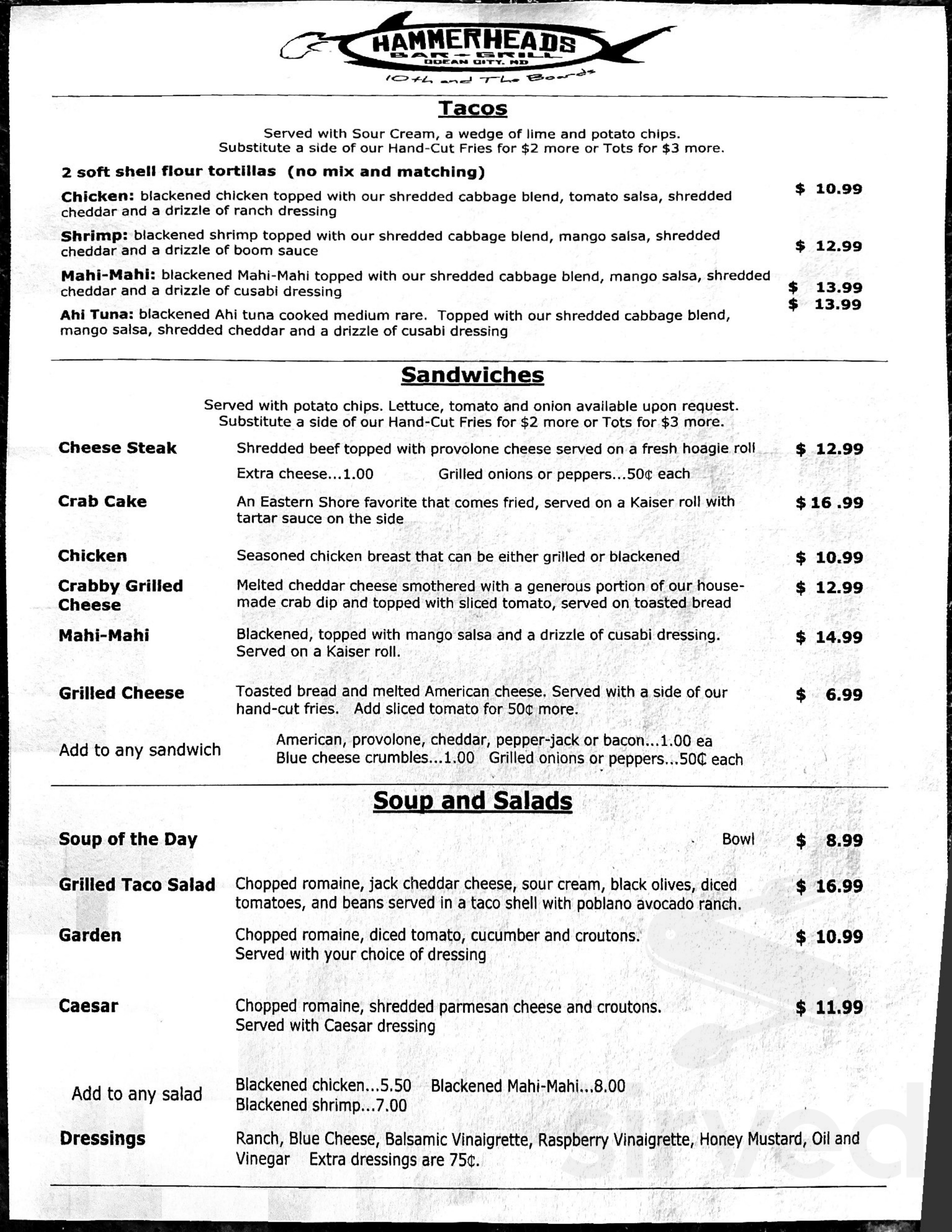 Hammerheads Bar & Grill menu in Ocean City, Maryland, USA