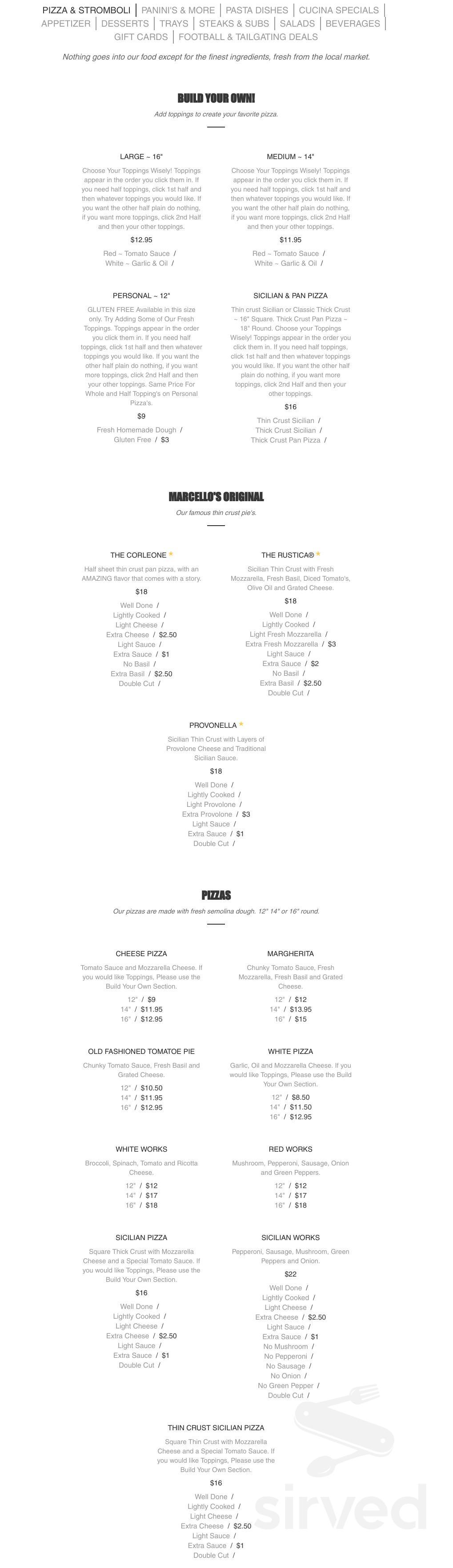 Menu for Marcello's Trattoria in Hammonton, NJ | Sirved