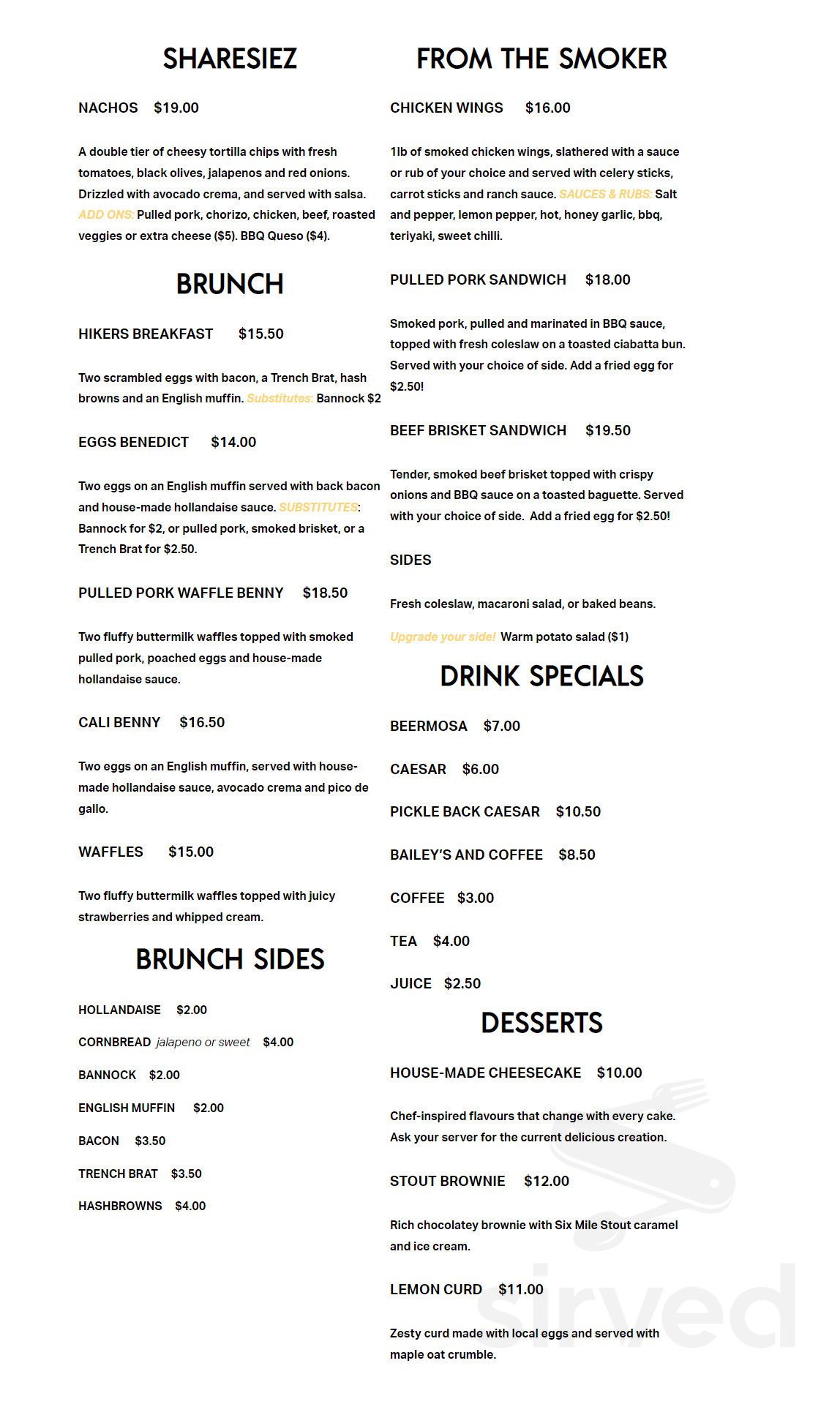 Trench Brewing & Distilling menu in Prince George, British Columbia, Canada
