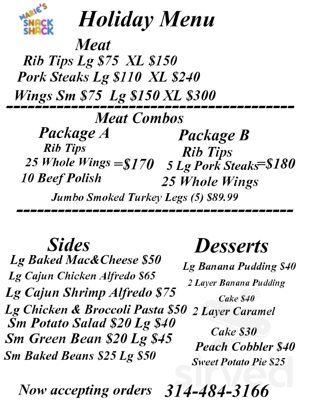 Menu - St. Louis MO's Marie's Snack Shack | Sirved