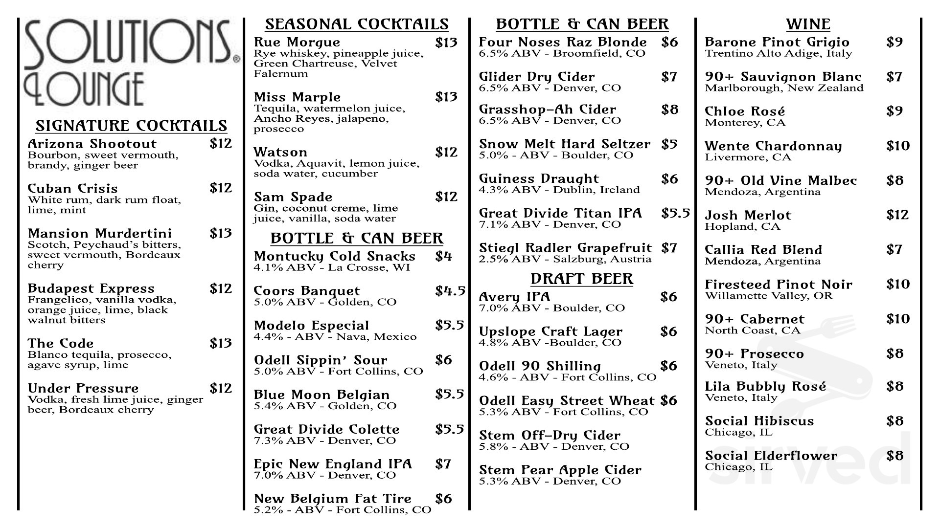 Solutions Lounge & Restaurant menus in Denver, Colorado, United States