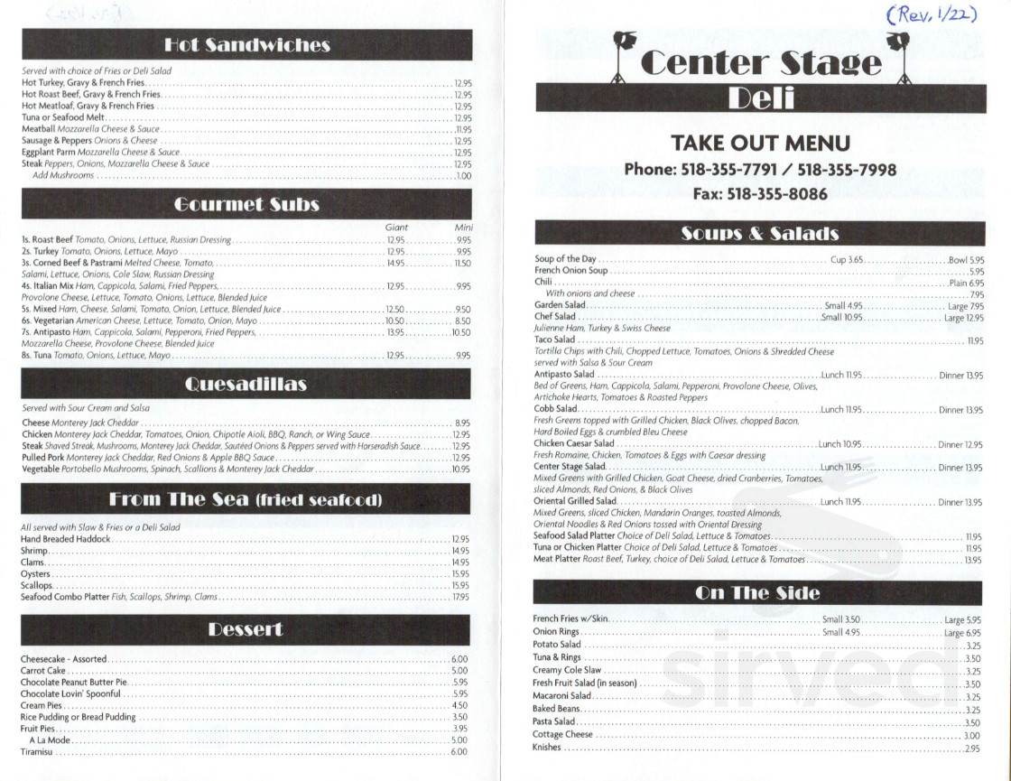 Center Stage Deli menu in Schenectady, New York, USA