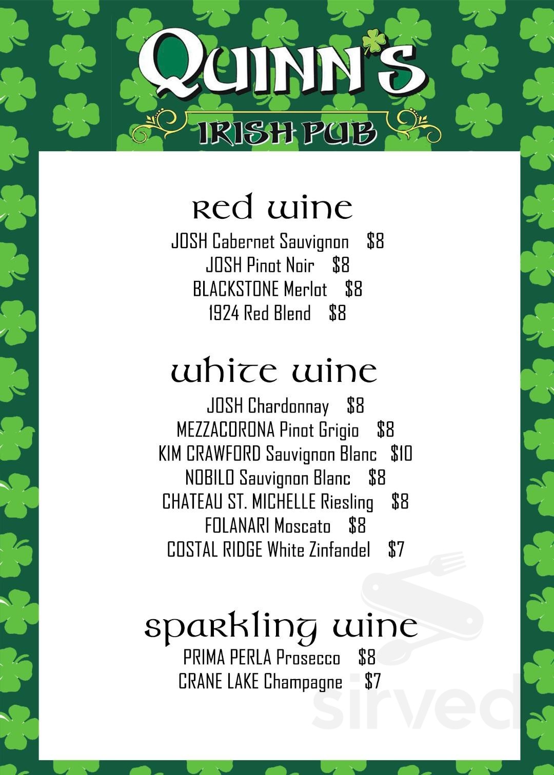 Menu for Quinn’s Irish Pub in Worcester, MA | Sirved