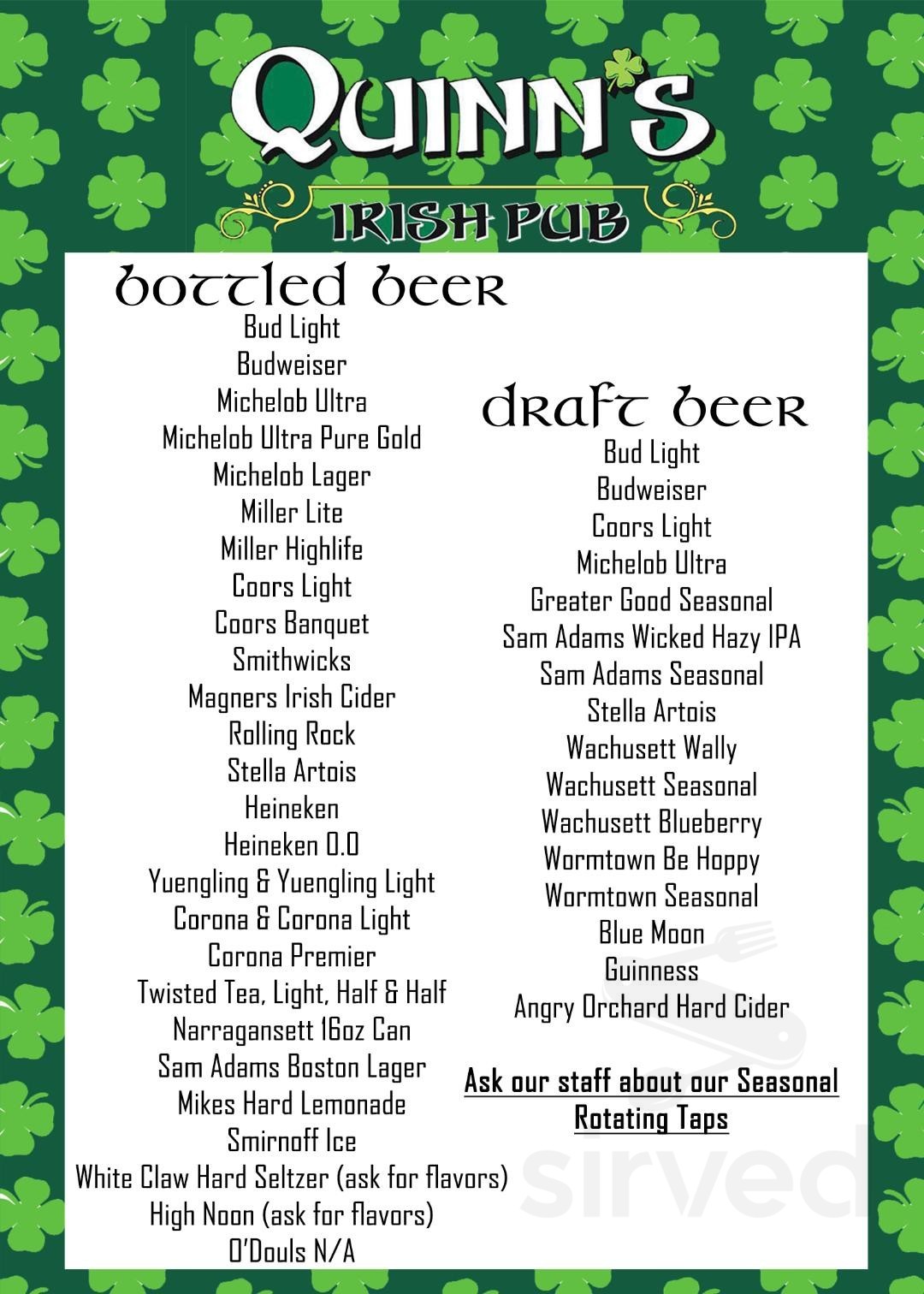 Menu for Quinn’s Irish Pub in Worcester, MA | Sirved