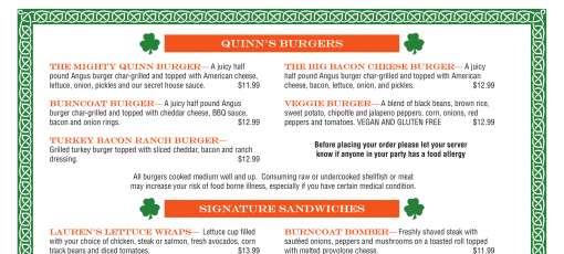 Menu for Quinn’s Irish Pub in Worcester, MA | Sirved