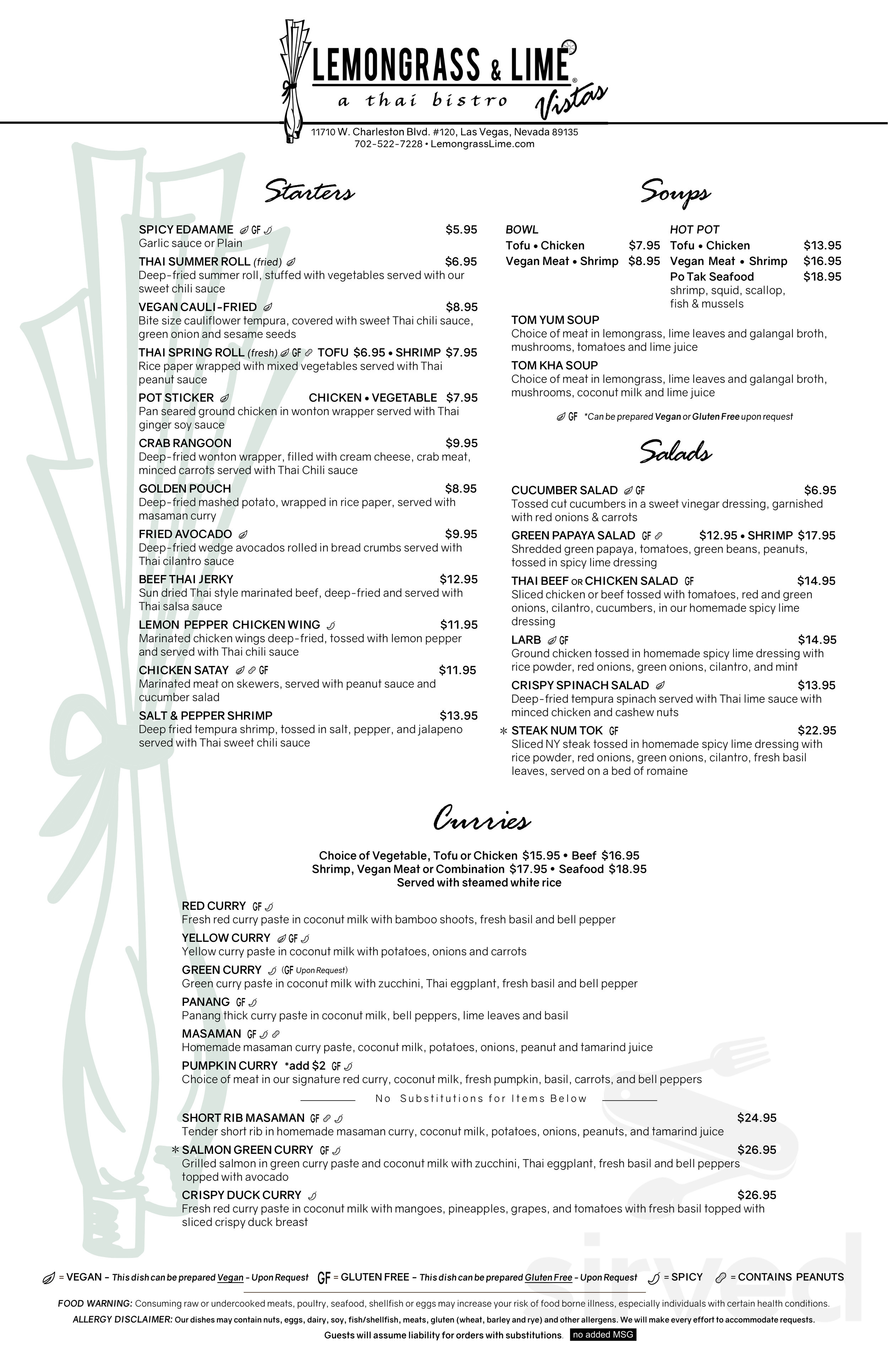 Lemongrass And Lime Vistas Summerlin Menu In Las Vegas Nevada Usa