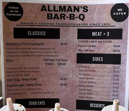 Allman's Bar-B-Que menu in Fredericksburg, Virginia, USA