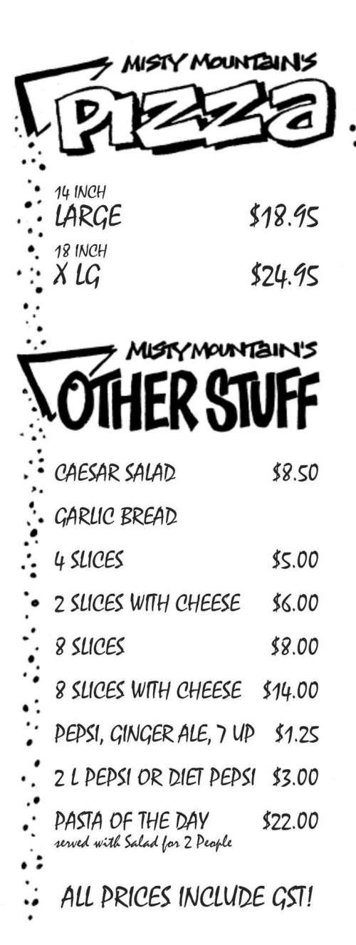 Misty Mountain Pizza menu in Rossland, British Columbia, Canada