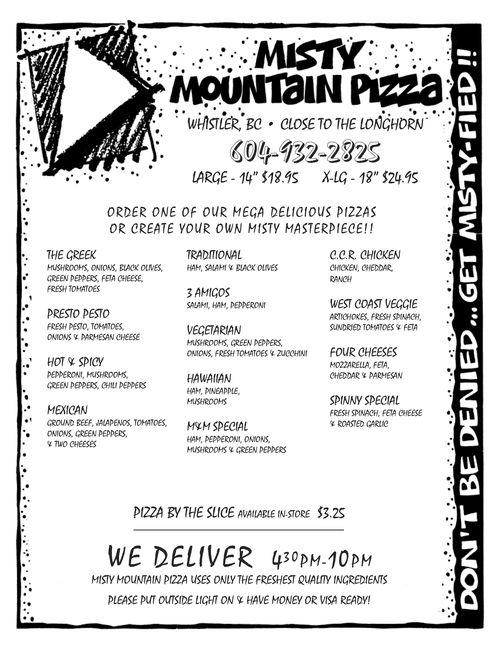 Misty Mountain Pizza menu in Rossland, British Columbia, Canada