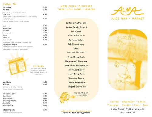 Alma Juice Bar + Market menu in North Kingstown, Rhode Island, USA