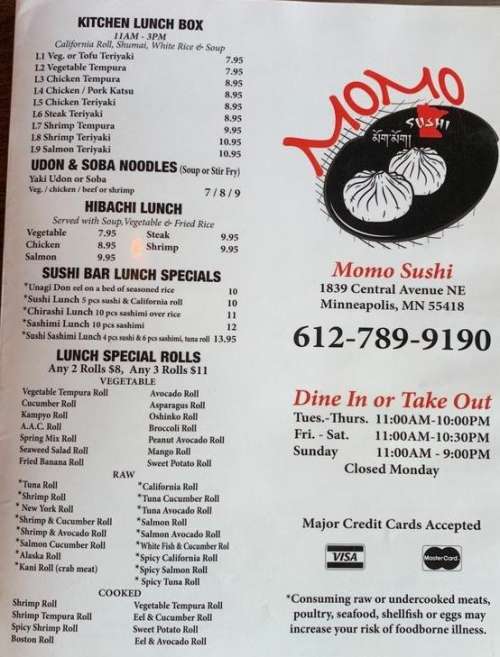 MOMO Sushi menu in Minneapolis, Minnesota, USA