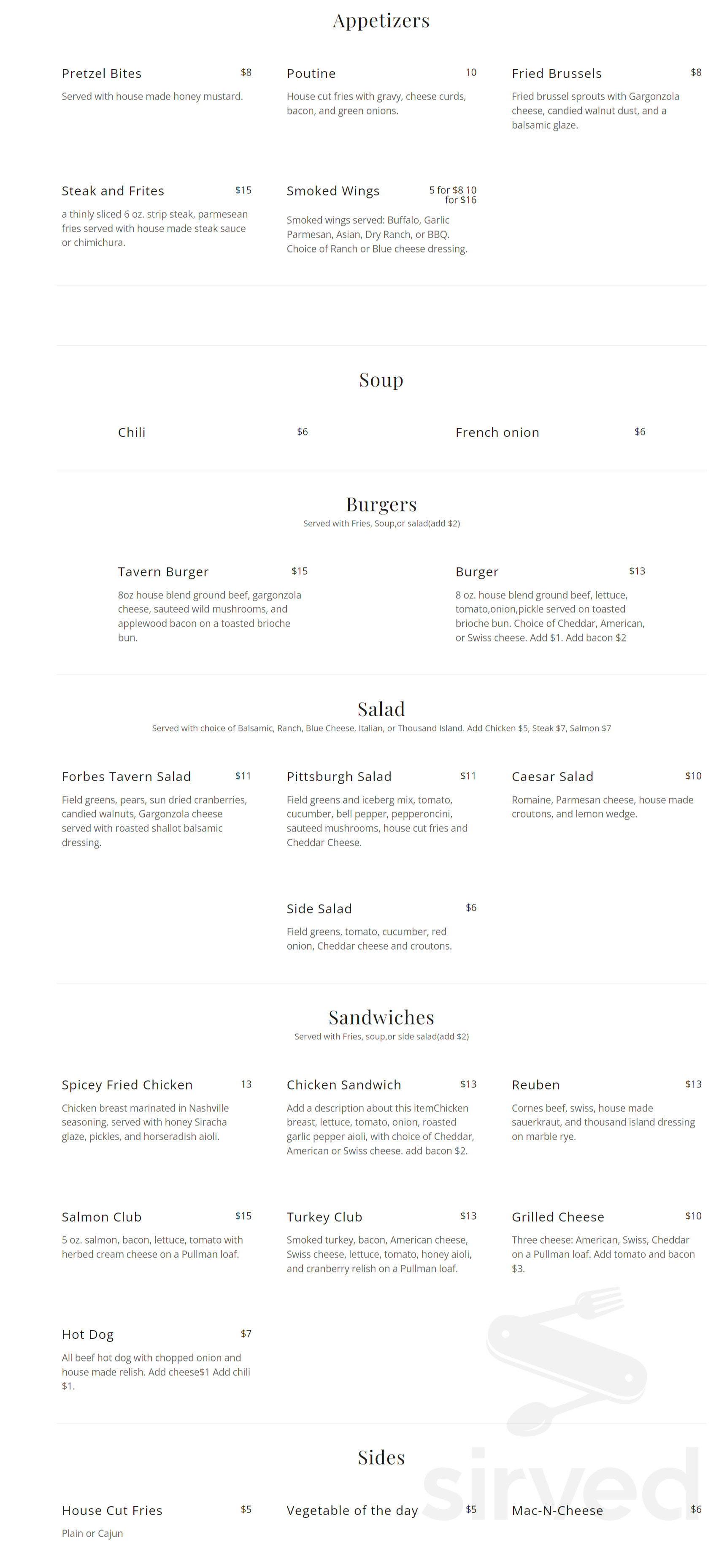 Forbes Tavern menu in Pittsburgh, Pennsylvania, USA