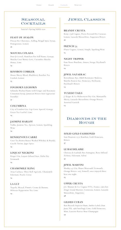 Jewel of the South menu in New Orleans, Louisiana, USA